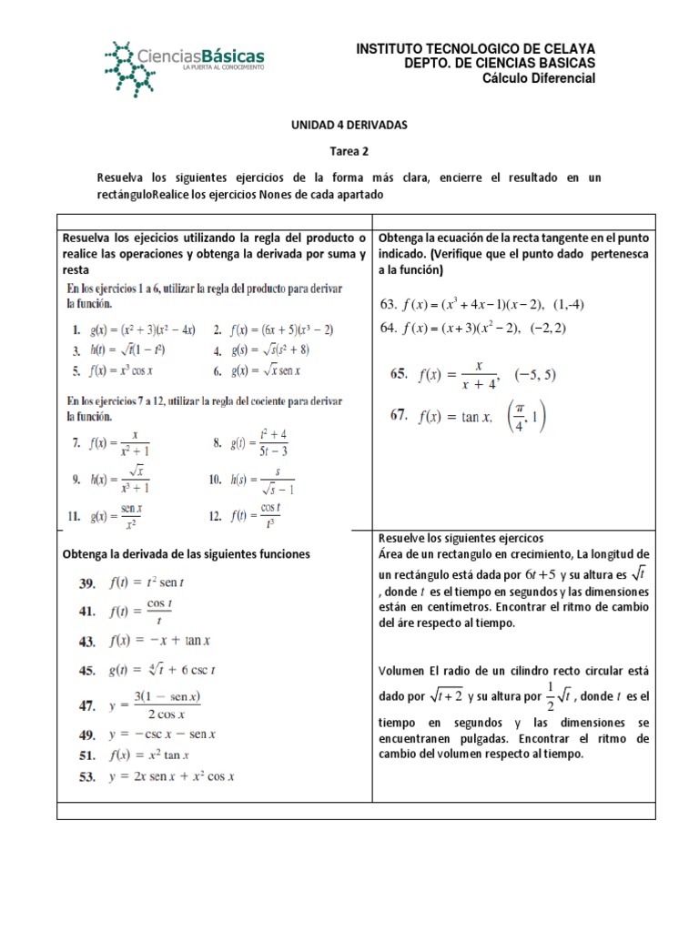 Tarea 2 U4 DerivadasJproducto y Cociente | PDF | Derivado | Calculo diferencial