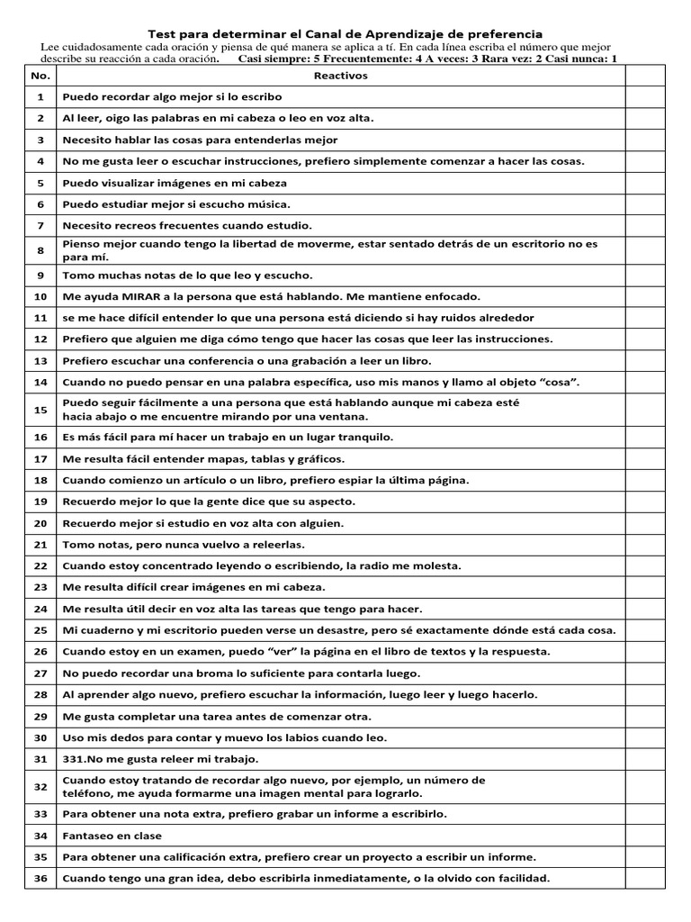 Test para Determinar El Canal de Aprendi | PDF