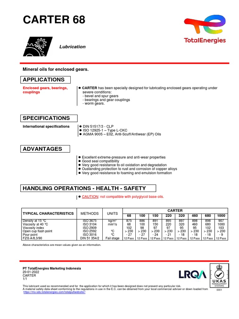 Carter 68 Lubricant Specifications | PDF | Lubricant | Gear
