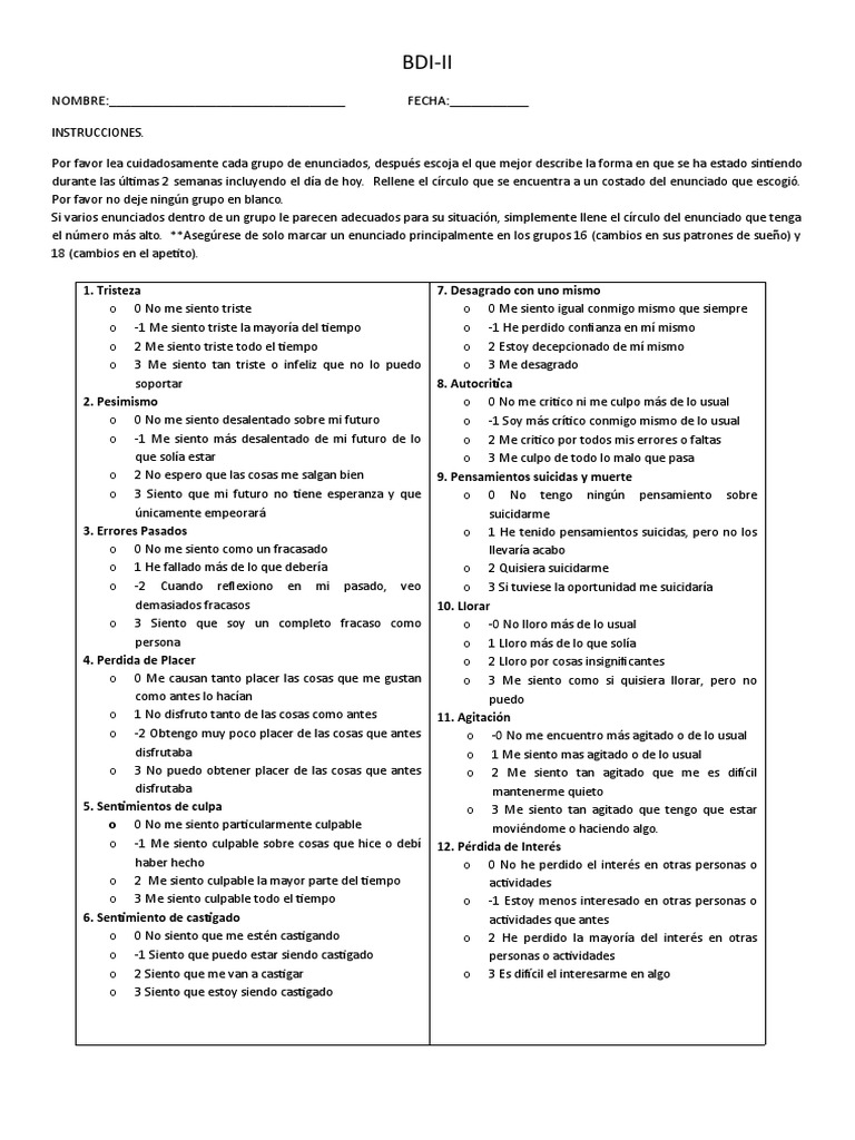 Test de Depresión de Beck BDI-II | PDF | Dormir