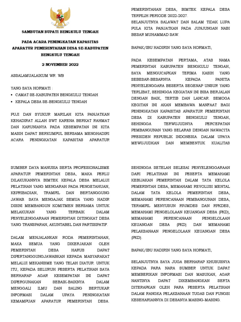 Sambutan Bupati Bimtek Kades | PDF