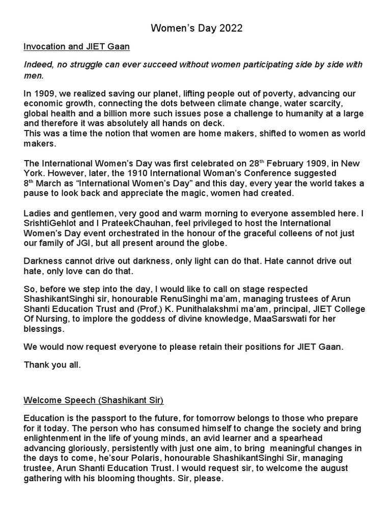 Women's Day Anchoring Script Edited | PDF | Social Science | Religion ...