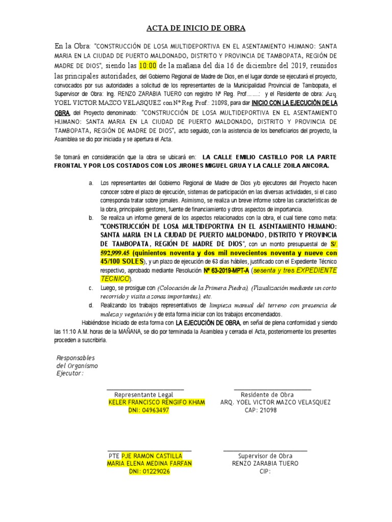 Acta de Inicio de Obra | PDF