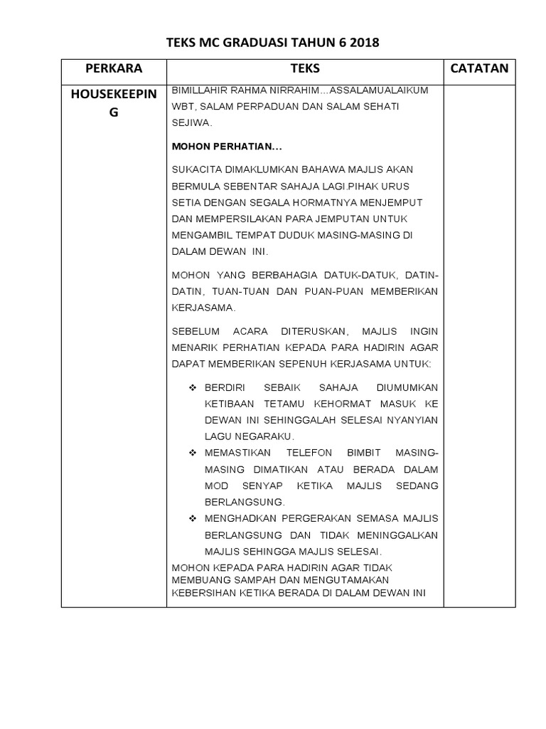 Teks MC Graduasi Tahun 6 2018 | PDF