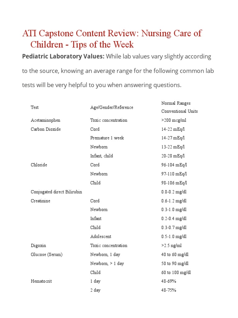 Pediatric Nursing Lab Values Guide | PDF | Gout | Hypoglycemia