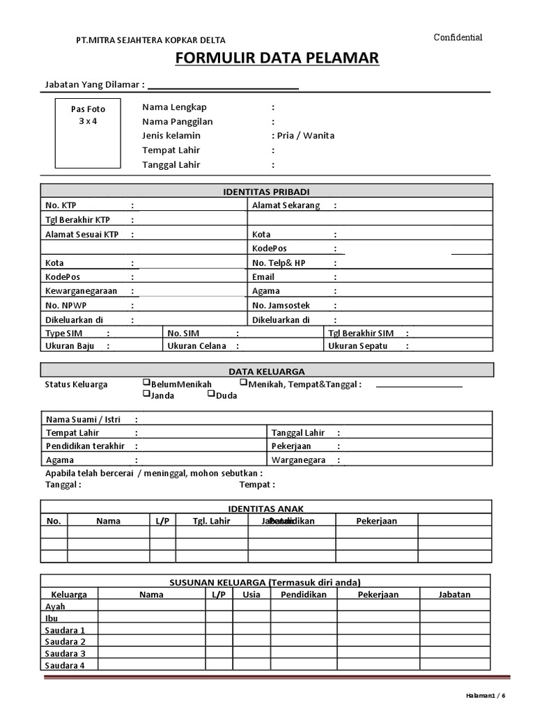 Formulir Data Pelamar Kerja PT Mitra Sejahtera | PDF