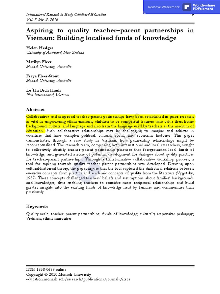 Aspiring To Quality Teacher-Parent Partnerships in | PDF | Teachers | Early Childhood Education