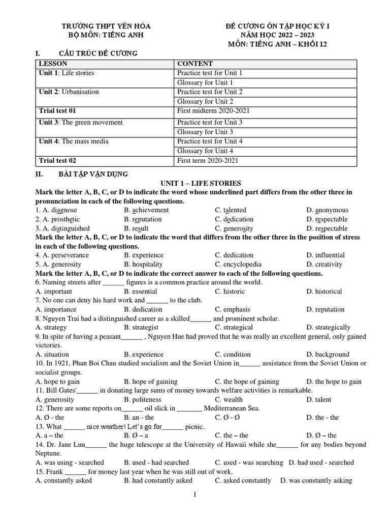 Đc Hk1 Môn Anh-khối 12-Nh 22-23 | PDF | John F. Kennedy