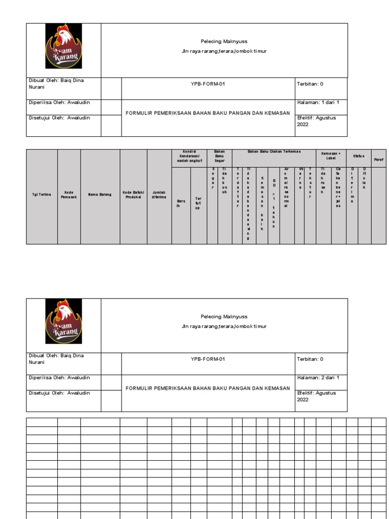 FORM-01-Formulir Pemeriksaan Bahan Baku Pangan Dan Kemasan | PDF