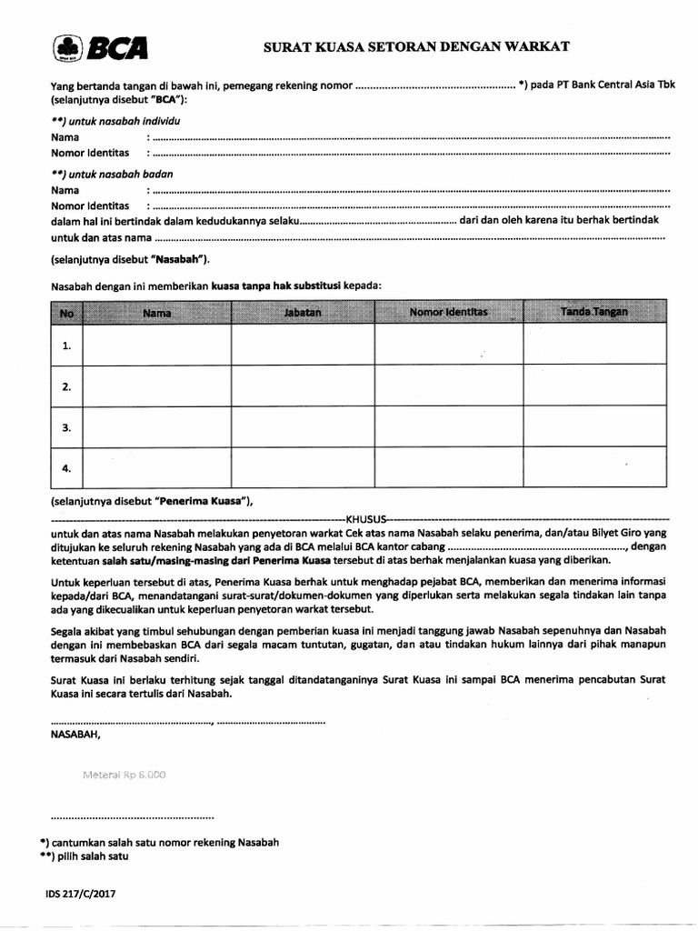 Surat Kuasa Warkat BCA | PDF