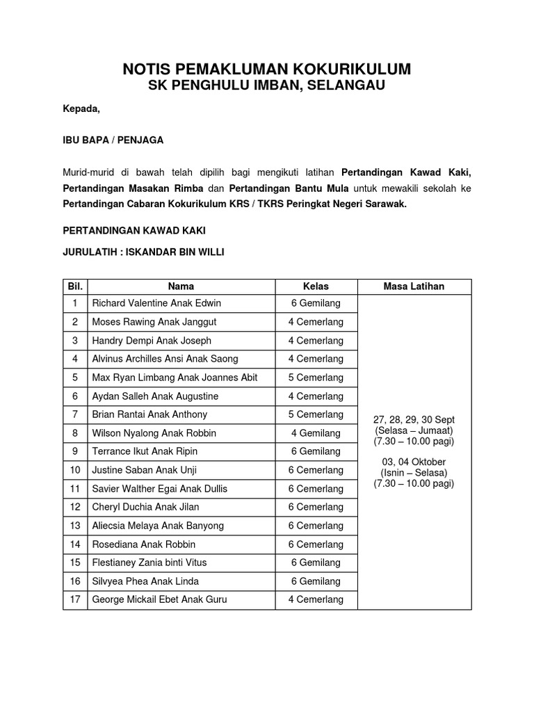 Notis Pemakluman Kokurikulum TKRS | PDF