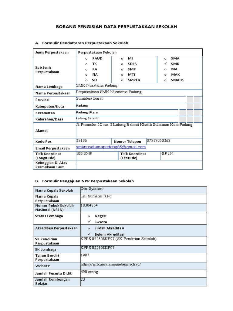 Borang Pengisian Data Perpustakaan Sekolah | PDF
