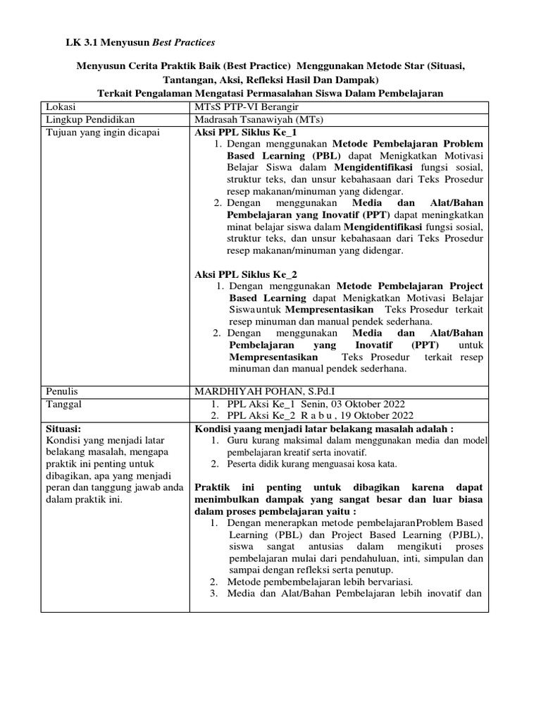 LK.3.1 Penyusunan Hasil Best Practice Dengan Metode STAR | PDF