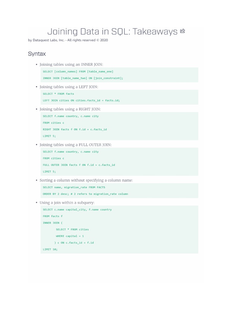 1.joining Data in SQL Takeaways | PDF 1.joining Data in SQL Takeaways | PDF