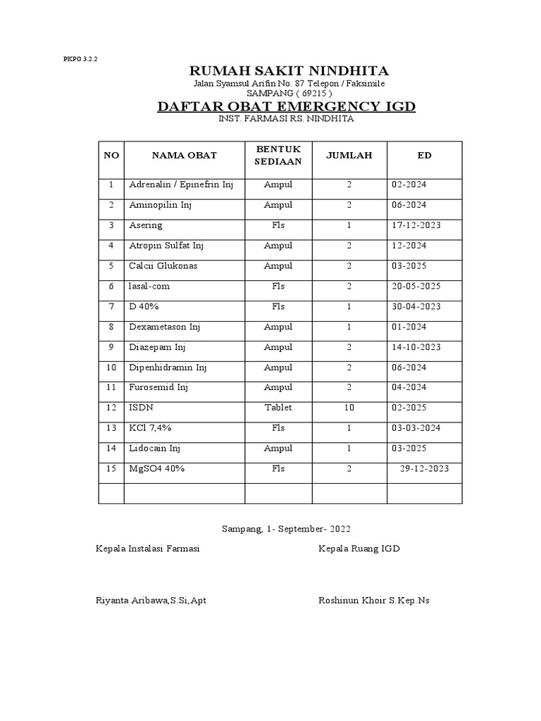 PKPO 3.2.2 Daftar Obat Emergency IGD-ibs-ranap-ambulance Terbaru | PDF