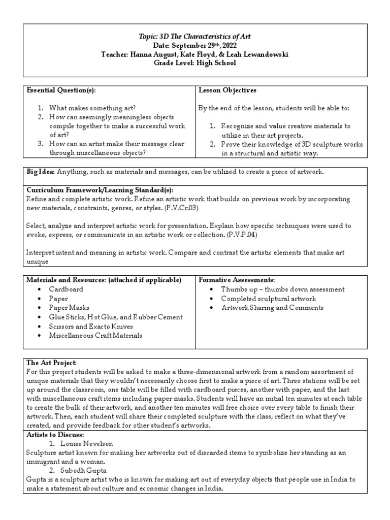 3d Sculpture Lesson Plan - Afl 1 | PDF | Communication | Cognition