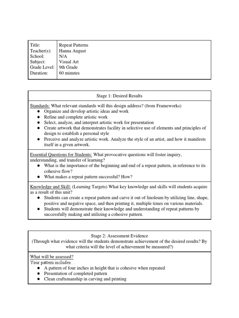 Repeat Patterns Lesson Plan August Pdf Learning Lesson Plan 
