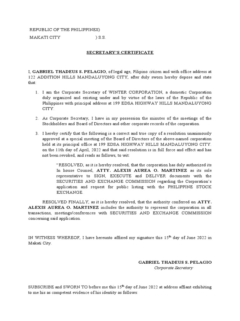 3 - Secretary's Certificate | PDF | Document | Government And Personhood