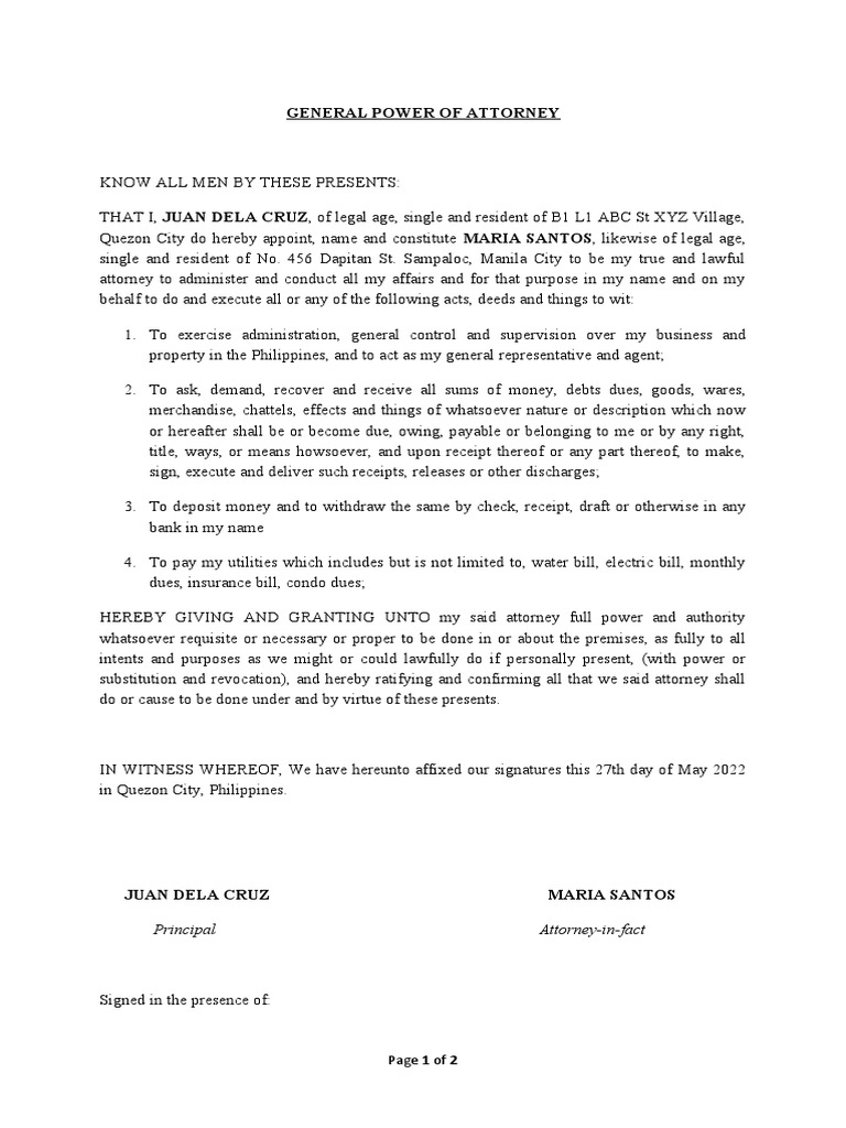 1 - General Power of Attorney | PDF | Power Of Attorney | Civil Law ...