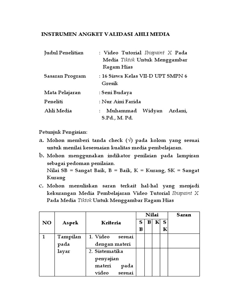 Angket Validasi Ahli Media | PDF
