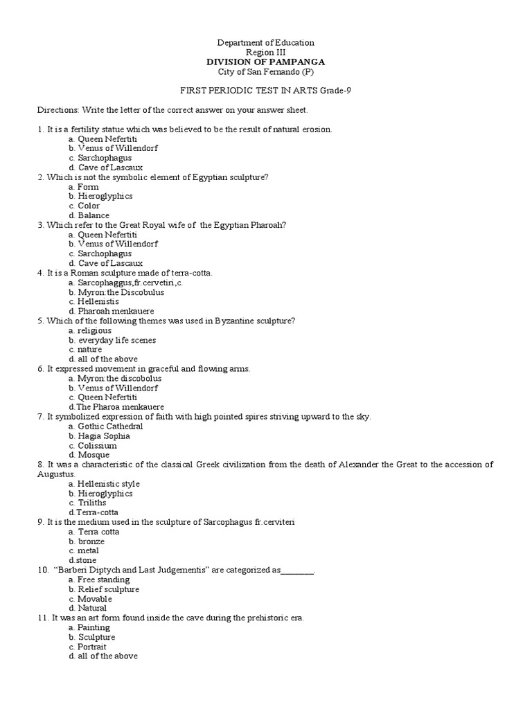 Arts Grade 9 Final | PDF | Sculpture | Paintings