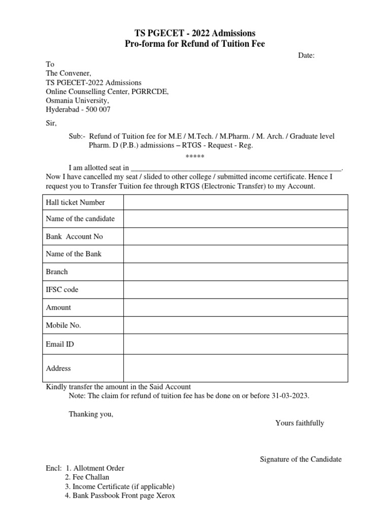TS PGECET Tuition Fee Refund Request | PDF