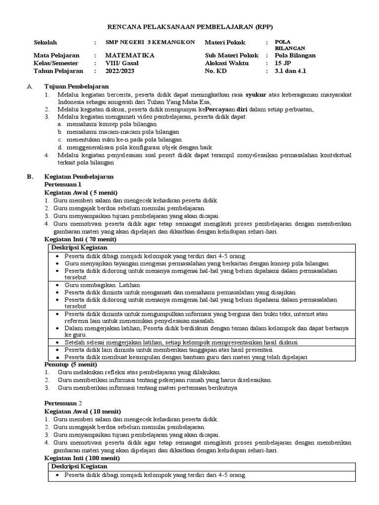 rpp-POLA BILANGAN | PDF