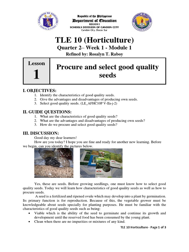 TLE 10-Horticulture - Q2 - W1-M1 - LDS - Procure-and-Select-Good-Quality-Seeds - JRA-RTP | PDF ...