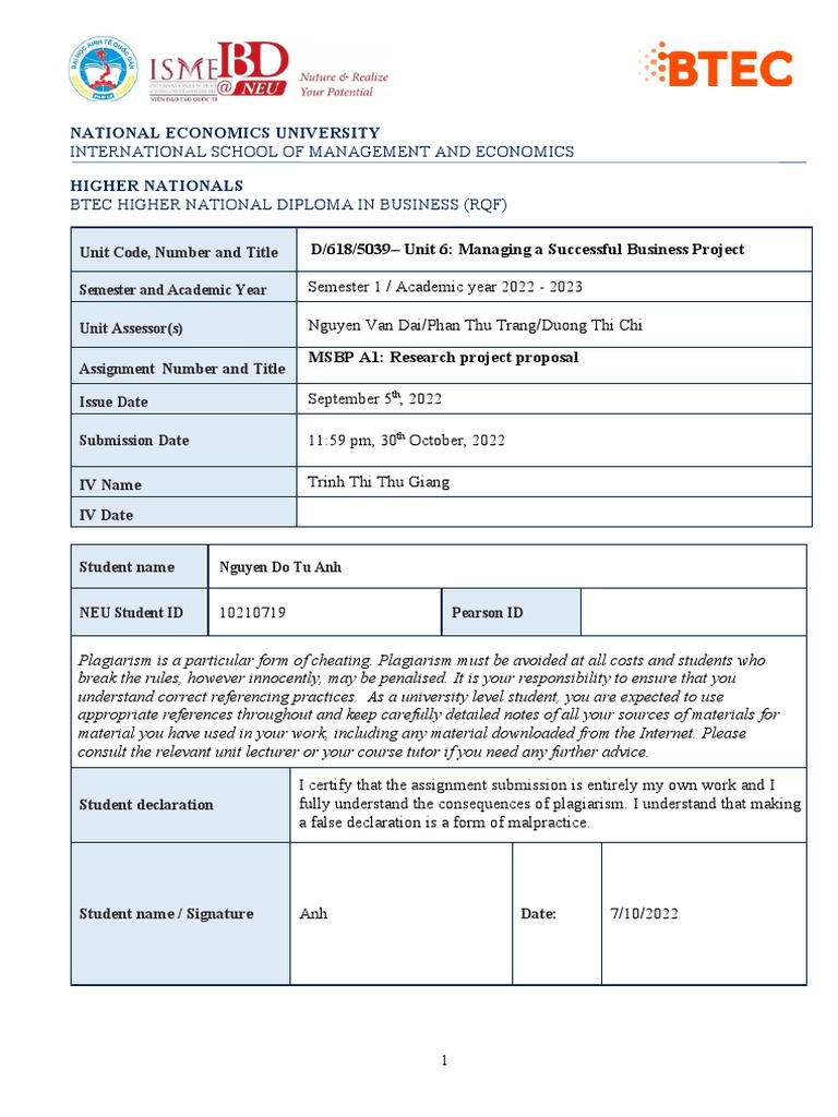 MSBP Assignment 1 Brief - SEM 1 - 2022-2023 | PDF | Project Management