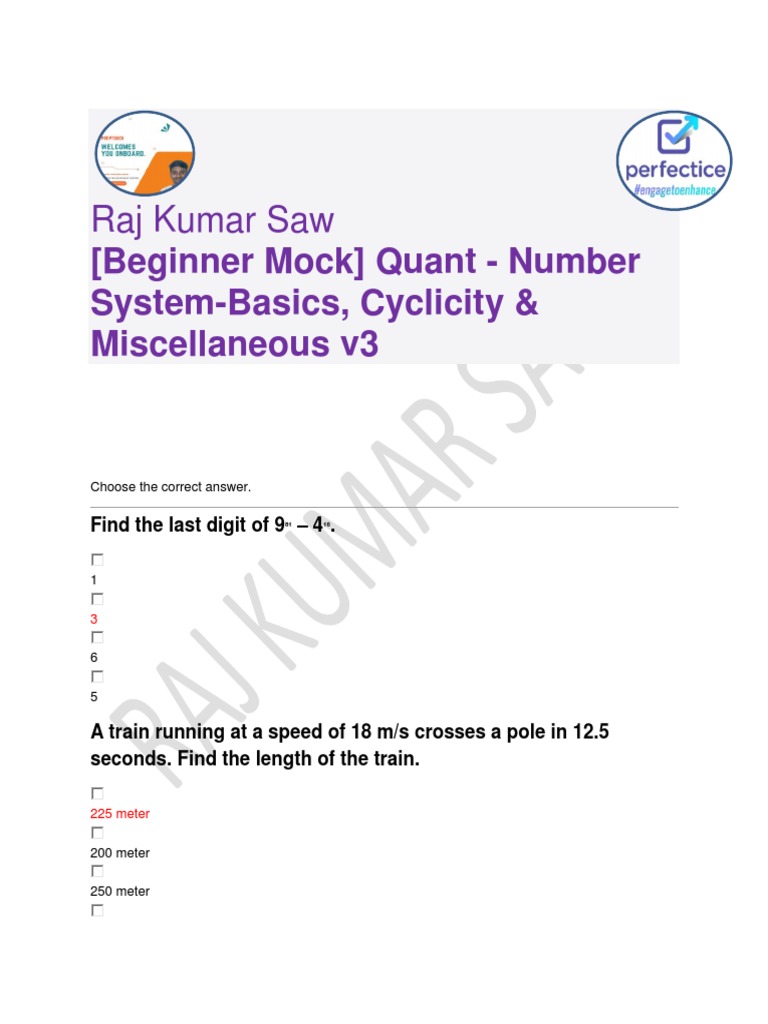 Beginner Mock Quant Number System Basics, Cyclicity & Miscellaneous | PDF | Teaching Methods ...
