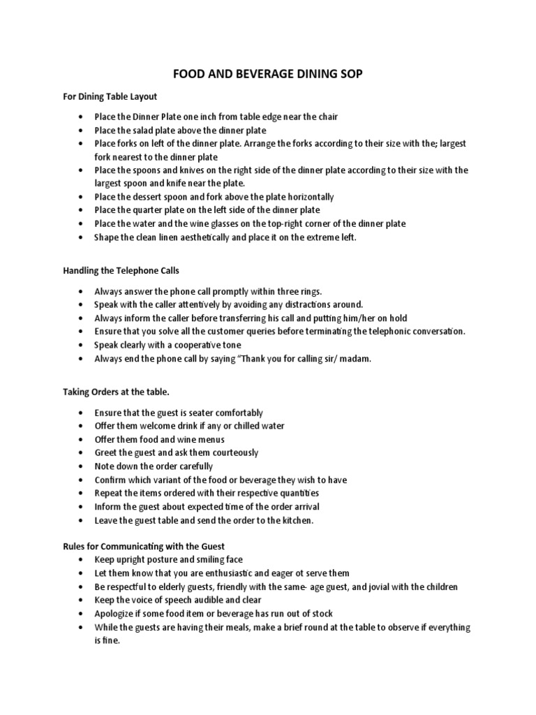 Sop Food and Beverage Dining | PDF | Tableware | Food And Drink