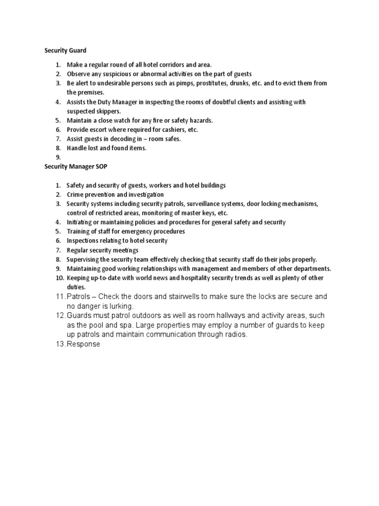 Hotel Security SOP Overview | PDF