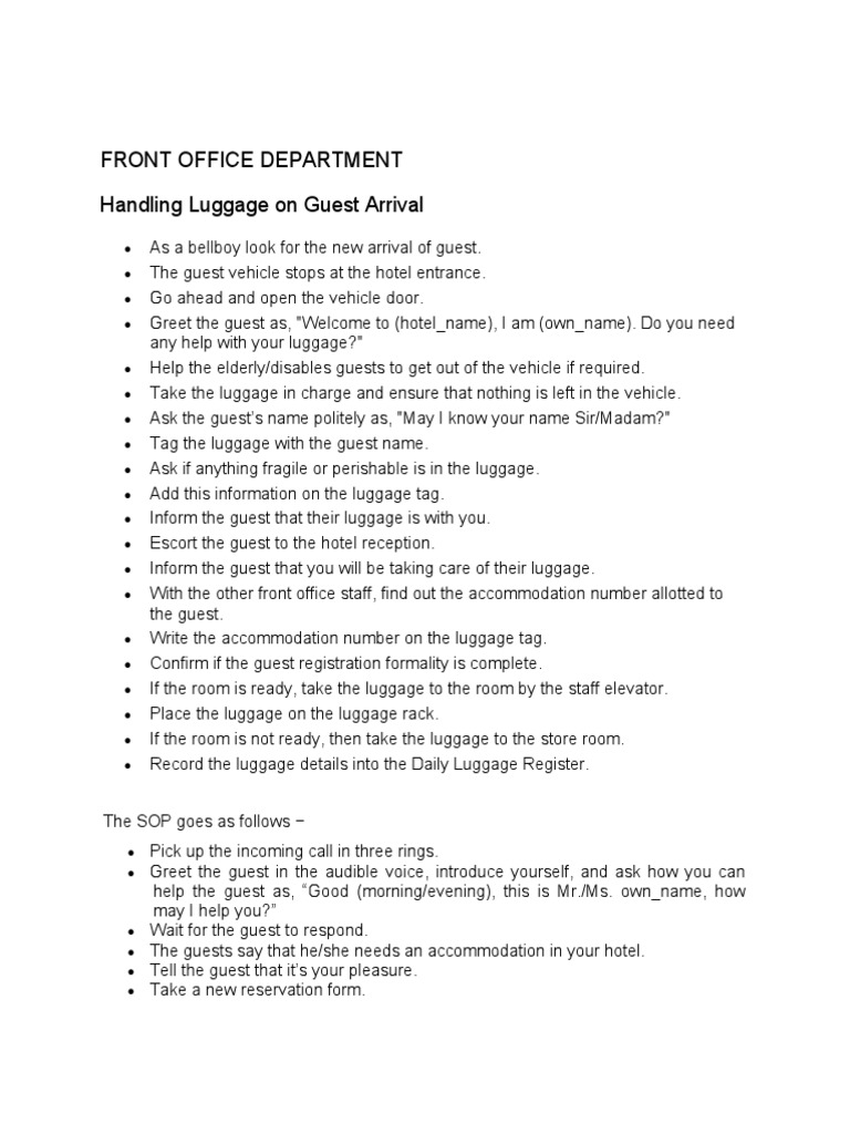 Front Office SOP for Hotel Receptionists | PDF | Social Science
