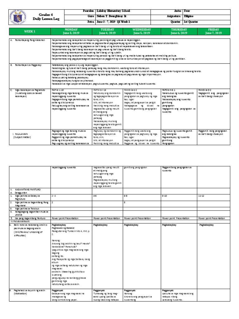 DLL - Filipino 4 - Q1 - W1 | PDF