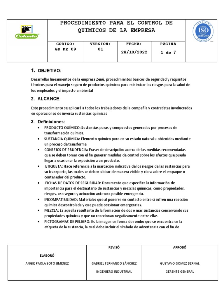 Procedimiento para El Control de Quimicos de La Empresa | PDF | Química