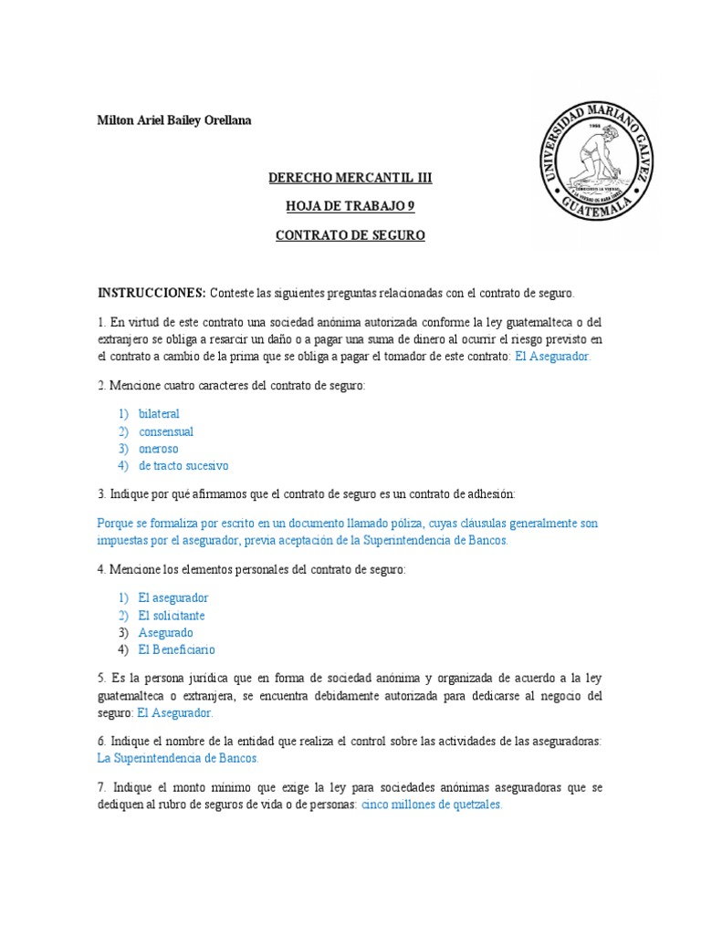 Derecho Mercantil III Hoja de Trabajo 9 2021 | Descargar gratis PDF | Póliza de seguros | Seguro