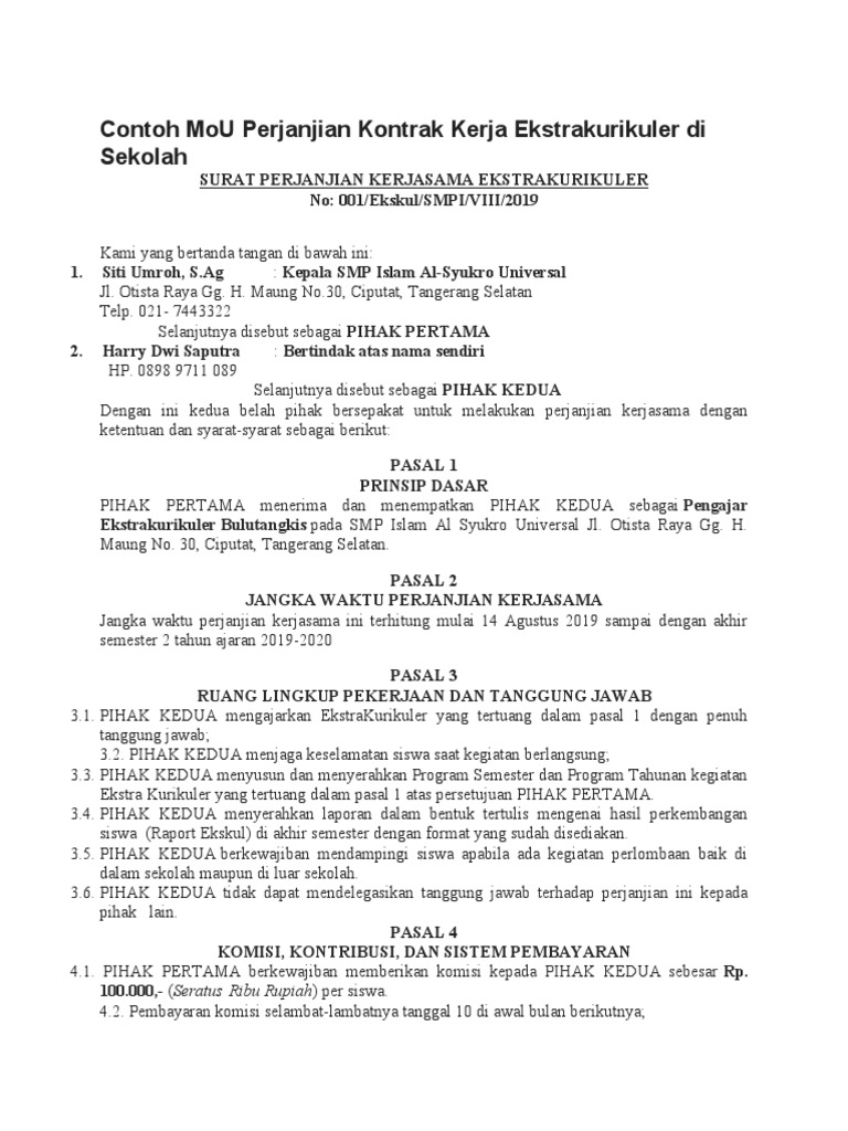Contoh Mou Perjanjian Kontrak Kerja Ekstrakurikuler Di Sekolah Pdf