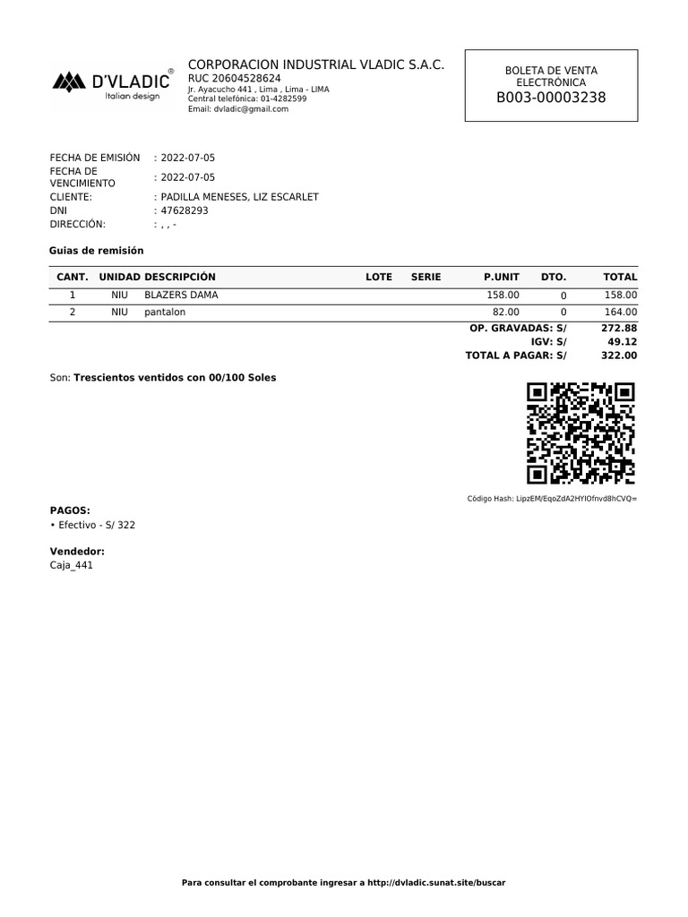Boleta de Venta Corporación Vladic S.A.C. | PDF
