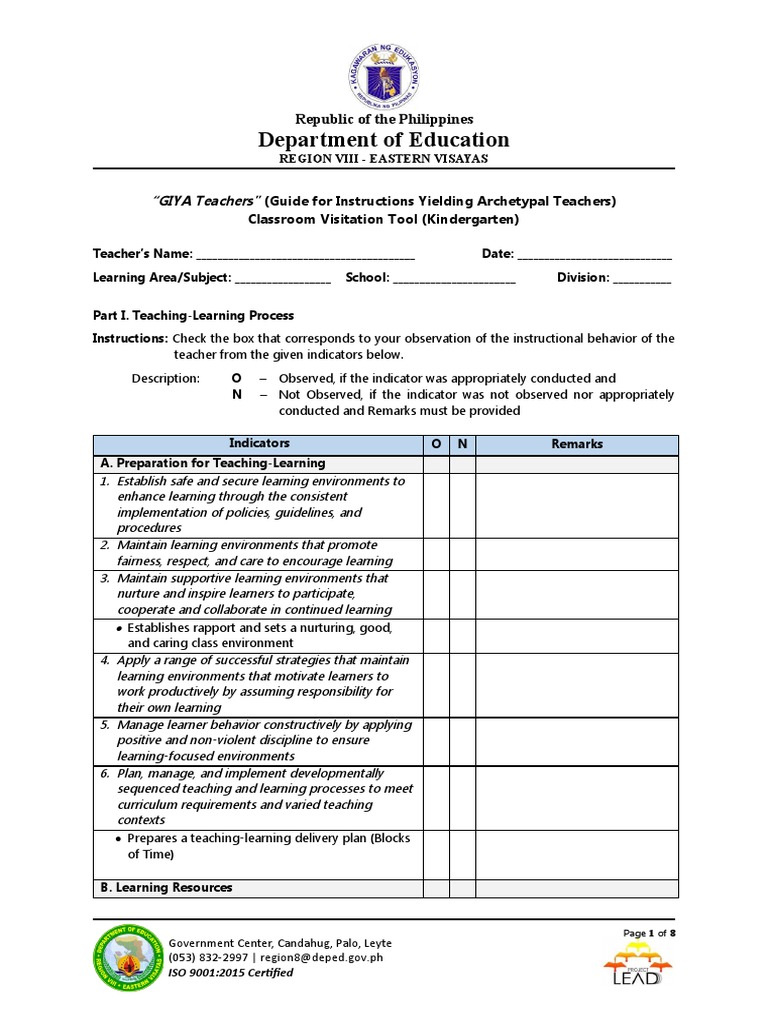 GIYA Classroom Visitation Tool for Teachers | PDF | Teaching Method ...