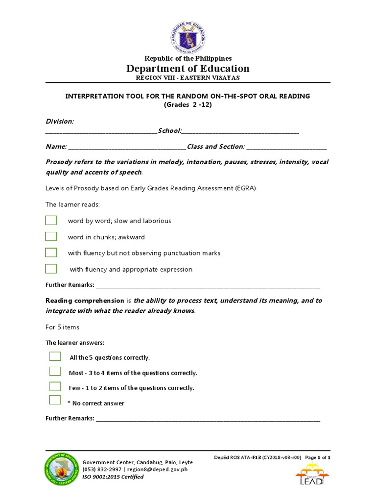 Final Tools For Random Oral Reading Grades 2 To 12 (10253) | PDF
