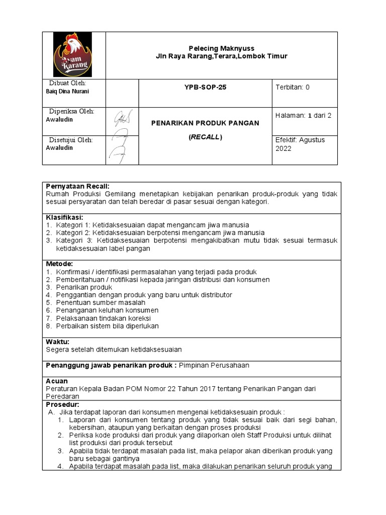 SOP-10-Penarikan Produk Pangan (Recall) Edit | PDF