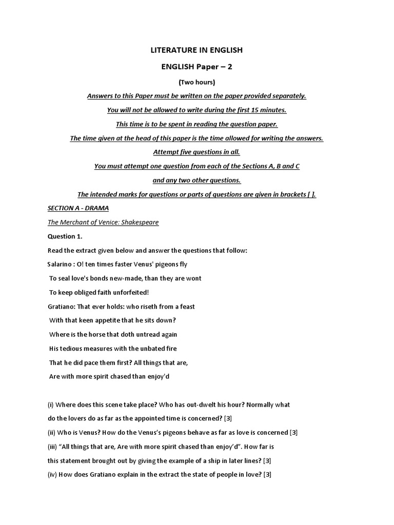 Literature Question Paper | PDF | The Merchant Of Venice