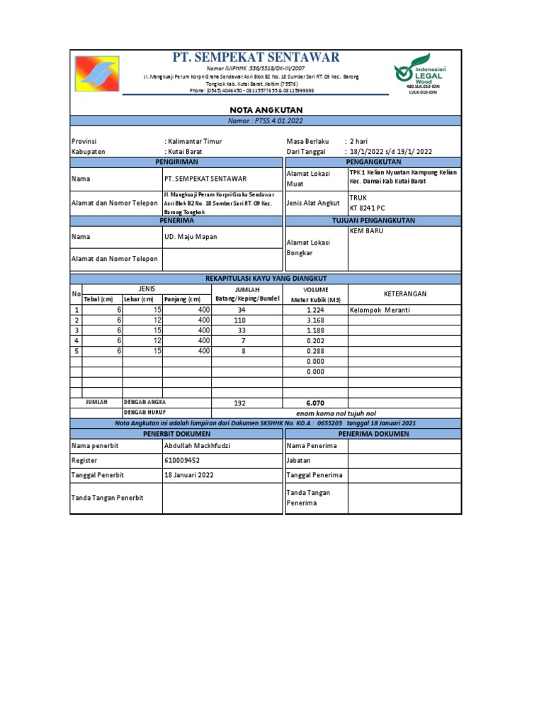 Nota Angkutan Kayu PT. Sempekat | PDF