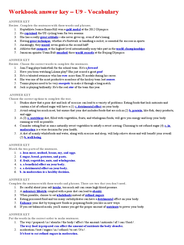 9a Vocabulary - Workbook Answer Key | PDF | Foods | Carbohydrates