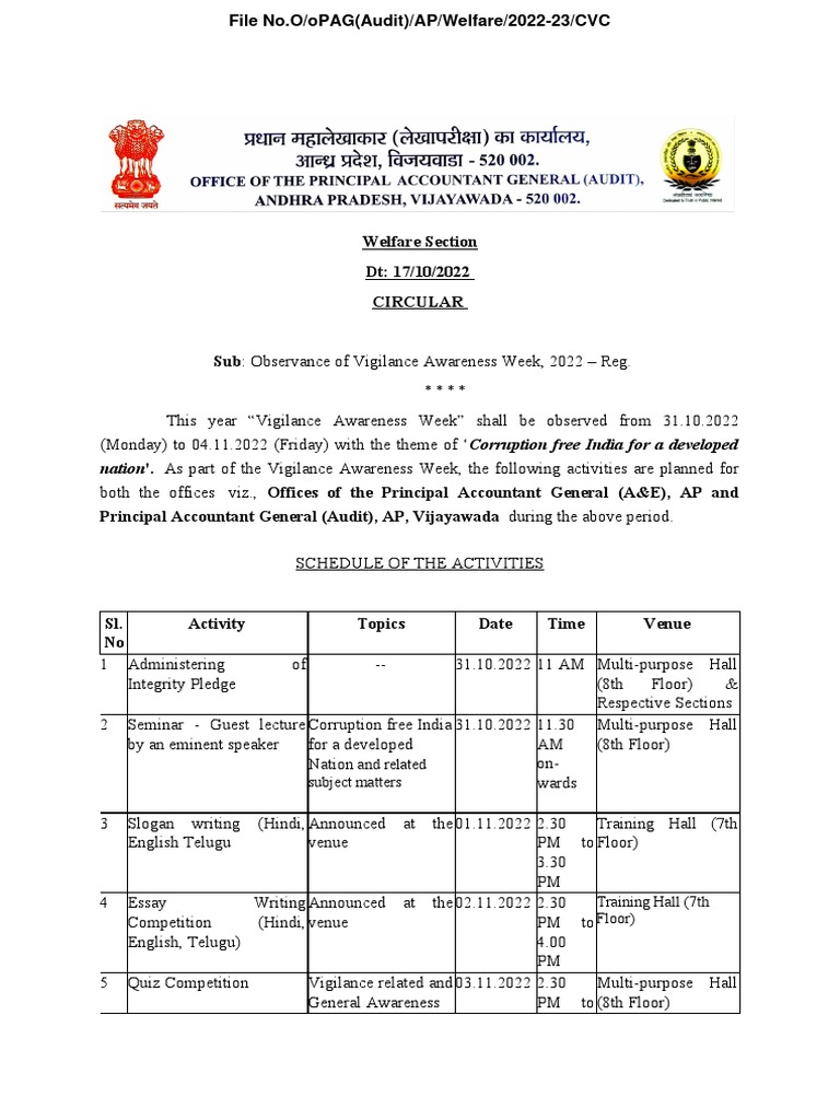 Vigilance Awareness Week Activities Circular | PDF