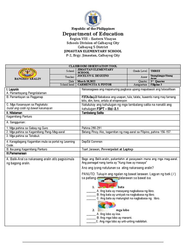 Cot Filipino 3 Tambalang Salita | PDF