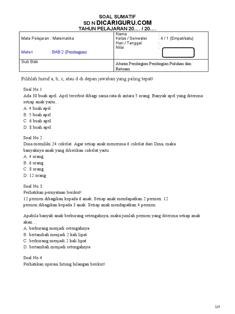 Soal Sumatif MTK Kls 4 Bab 2 | PDF