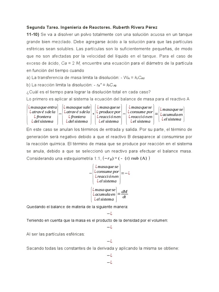 Tarea#2 Reactores Ruberth Rivera Pérez | PDF | Cinética química | Masa