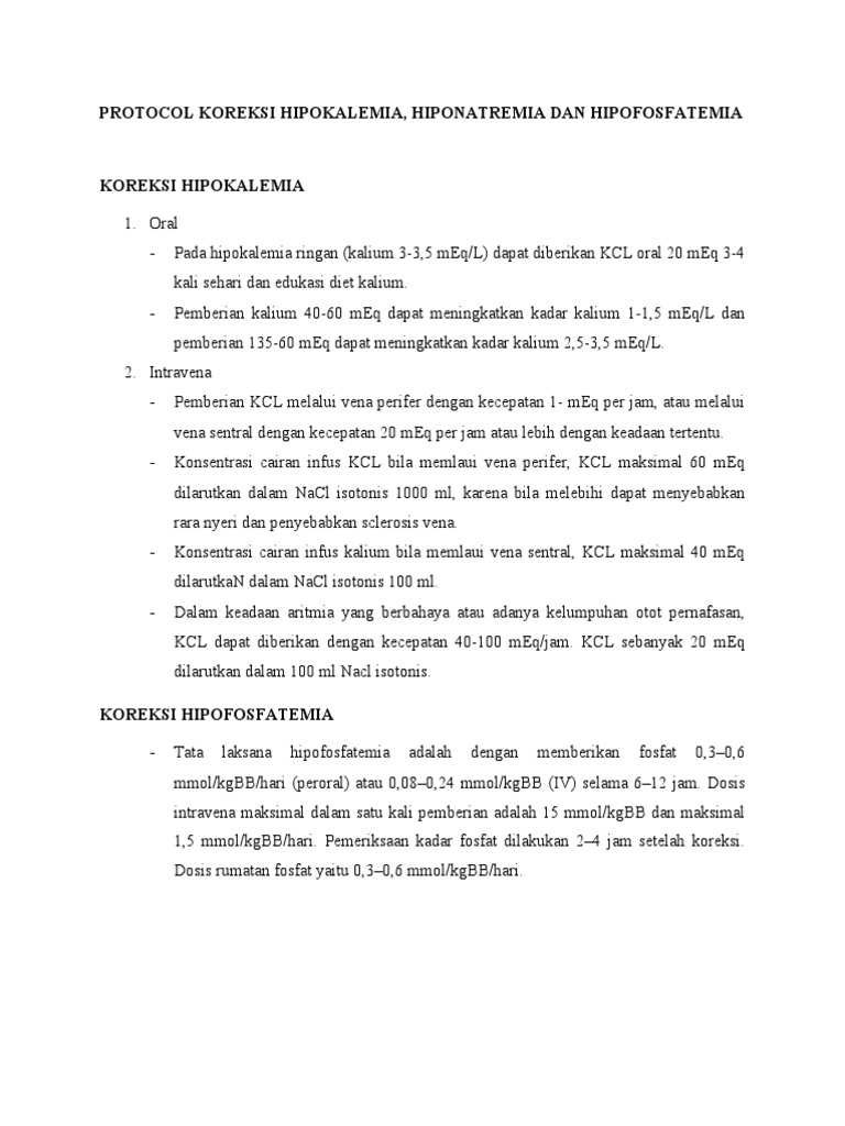 Protocol Koreksi Hipokalemia Hiponatremia Dan Hipofosfatemia | PDF