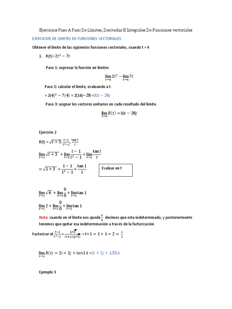Límites, derivadas e integrales de funciones vectoriales: ejercicios ...